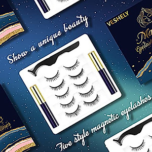 VESHELY Natural Magnetic Eyelashes with Eyeliner Kit,5 Pairs Short Small Magnetic Eyelashes Natural Look and 2 Tubes Magnetic Eyeliner Waterproof,3D False Fake Lashes Magnetic Reusable-No Glue Needed