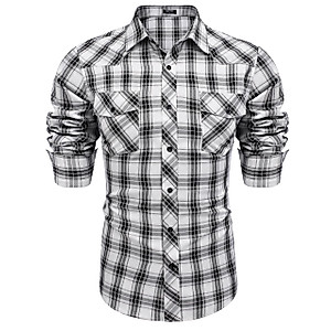 COOFANDY Mens Shirt Western Long Sleeve Cowboy Plaid Casual Button Up Dress with Pockets, Black White, Large, Long Sleeve