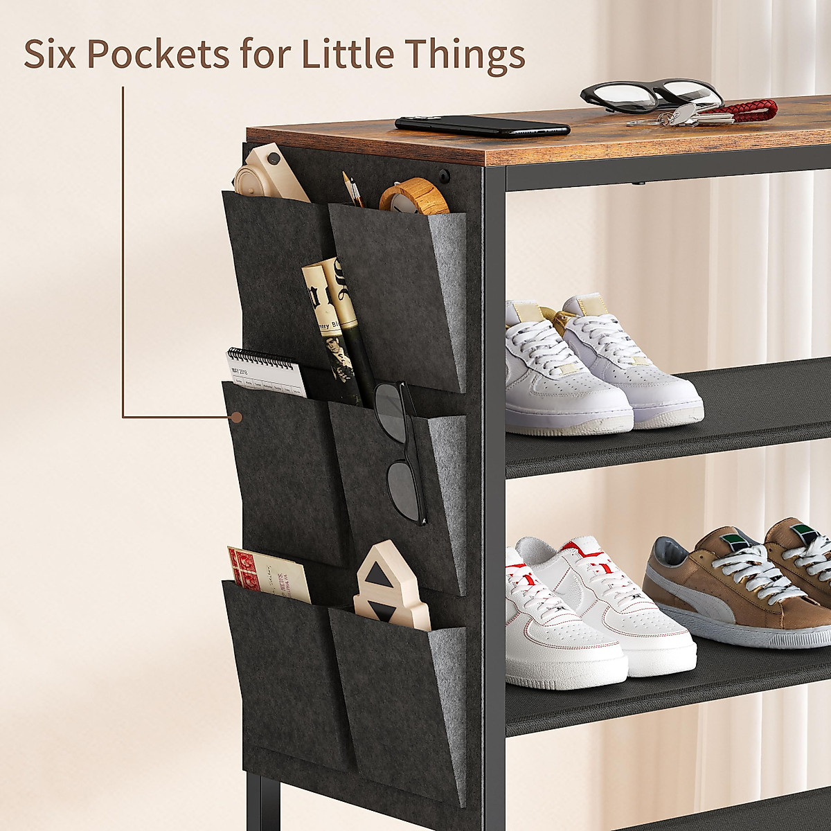 FURKO Shoe Rack with Seating Bench,Shoe Storage Organizer for Entryway,Large Capacity 6-Tier Shoe Shelf,Steel Frame Wood Top,for Closets, Hallway,47.6 * 11.8 * 43.8 Inches, Rustic Brown