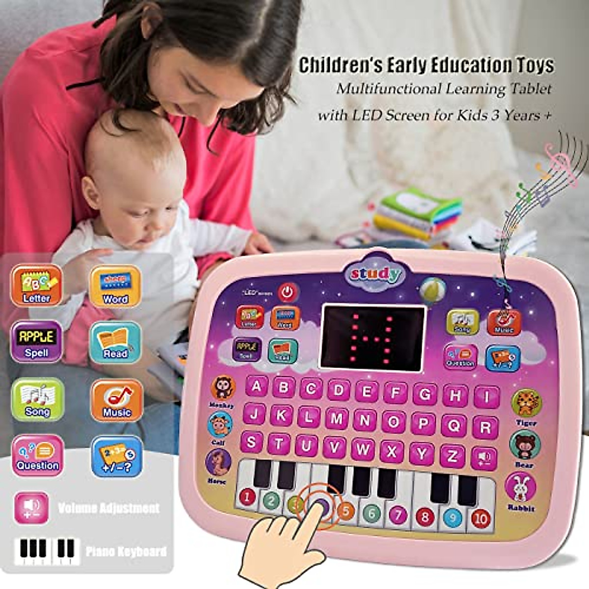 Wenbeier Kids Tablet Toddler Learning Pad with LED Screen Teach Alphabet Numbers Word Music Math Early Development Interactive Electronic Toy for Boys & Girls 3 Years+