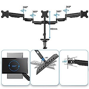 suptek Triple Monitor Stand - 3 Monitor Mount with Gas Spring Monitor Arm Fit Three 17 to 32 inch Flat/Curved LCD Computer Screens with Clamp, Black MD8003