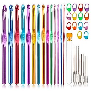 Vodiye 37 PCS Crochet Hooks Set, High Quality Coloured Aluminum Ergonomic Handle Crochet, Hook Needles for Arthritic Hands, with Stitch Markers and Large-Eye Blunt Needles