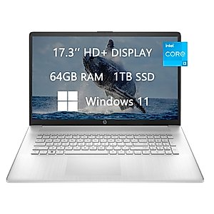 HP 17 HD+ Laptop, 2023 Upgrade, Intel Core i3-1125G4 (Quad-core), 64GB RAM, 1TB SSD, Webcam, Wi-Fi, HDMI, USB-C, Fast Charge,Bluetooth, Windows 11, School and Business Ready, ROKC HDMI Cable