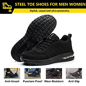 SOGETCH Steel Toe Shoes for Men Women Lightweight Comfortable Work Shoes Indestructible Slip Resistant Safety Shoes for Construction Black 11.5 US Women/10 US Men CN 43