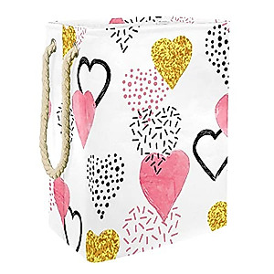 Inhomer Glittering Gold Pink Hearts Pattern Large Laundry Hamper Waterproof Collapsible Clothes Hamper Basket for Clothing Toy Organizer, Home Decor for Bedroom Bathroom
