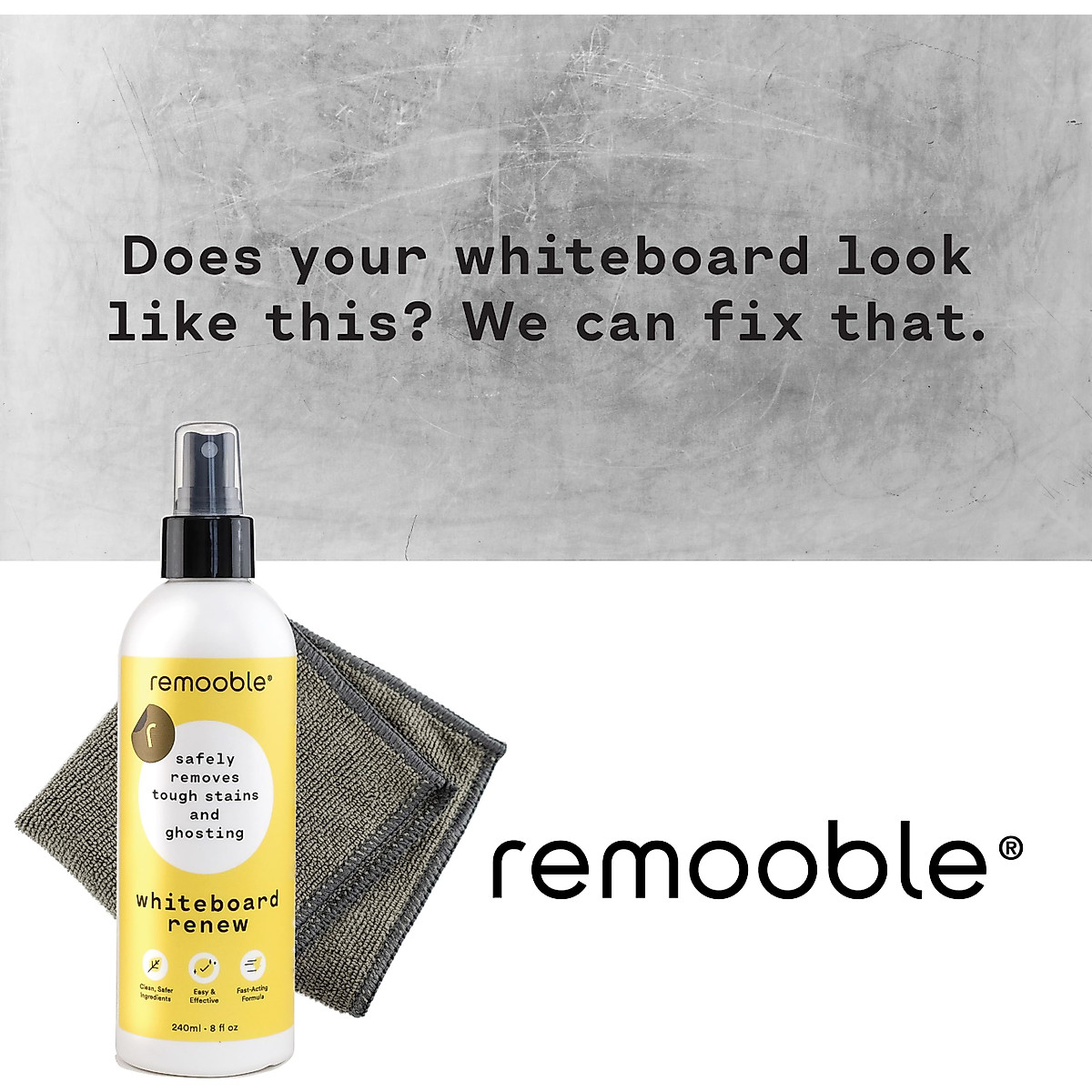 Remooble Dry Erase Whiteboard Cleaner Spray - Safely Removes Tough Stains and Ghosting (2 Pack)