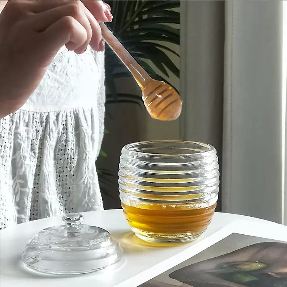 Touchstone Glass Honey Jar with Wood Dipper and Lid Perfect for Any Kitchen, Food Grade Glass Honey Jars with Dipper Material, The Honey Pot with Wooden Spoon, Honey holder, (3.5" x 4.3") (9 fl oz)