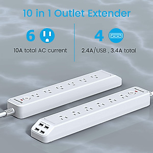 Power Strip, SUPERDANNY 6 Outlets 4 USB Ports Surge Protector, Wall Mountable, 5ft Extension Cord with Hook & Loop Fastener, Charging Station for iPhone iPad PC Home Office Dorm Travel, White