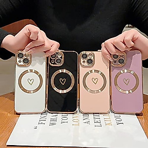 YKCZL Compatible with iPhone 13 Case MagSafe, Luxury Plating Cute Heart Full Camera Lens Protection Magnetic Case for iPhone 13 for Women Girls-Black