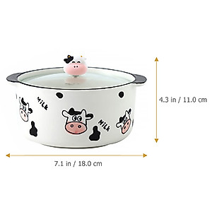 BESTonZON Ceramic Soup Bowl Soup Crock with Handles and Lid Cute Cow Design Casseroles Dishes Serving Bowls for Cereal Stew Chill Beef Stew Pot Pies Instant Noodle Oven Dishwasher Safe