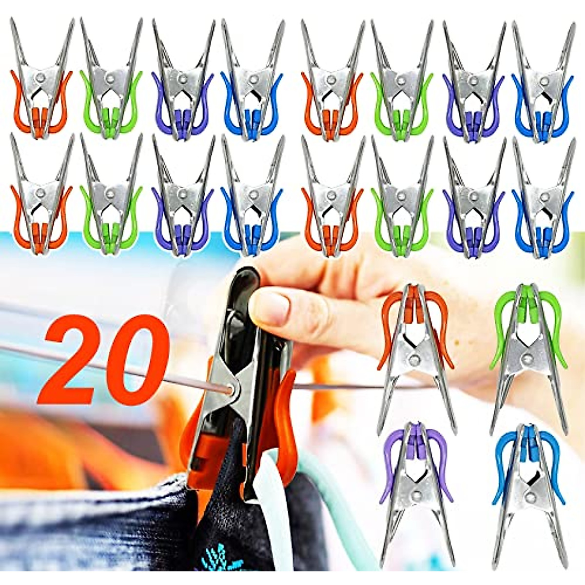 Clothespins with Hooks, Heavy Duty Colorful Outdoor Clothes Pins for Hanging and Clipping Laundry and Clothes, Multicolor Anti-Rust Spring Hanger Clips - 20PCS【Upgraded Super-Powerful Locking Model】