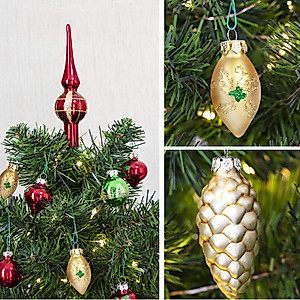 KINGYEE Miniature Ornaments and Tree Topper Christmas Mini Glass Tree Decorations Set of 15 for Tabletop Desktop Tree Wedding Centerpiece (Red Gold Green)