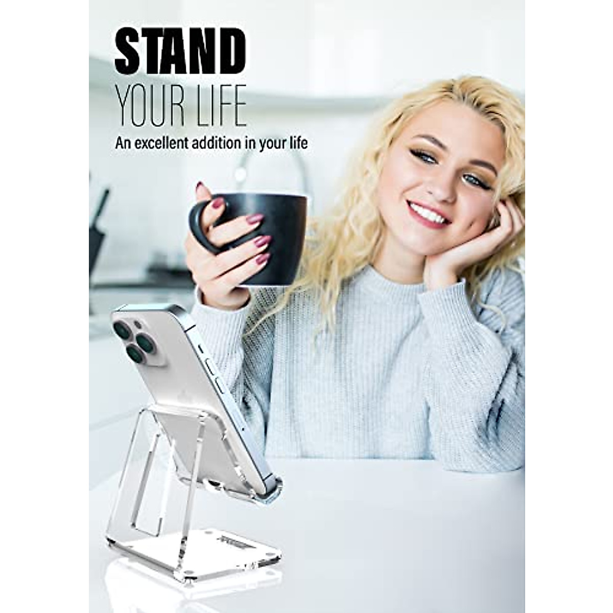 ZAW Acrylic Cell Phone Stand, Office Desk Accessories Clear Phone Stand for Desk, 4MM Acrylic Phone Holder, Compatible with iPhone 14 Pro, Samsung S21 S20 Smartphones (2xPack)