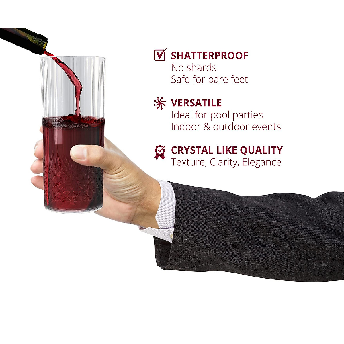 PARTY BARGAINS 8 Crystal-Like Highball Glasses (14oz) - Disposable Shatterproof Elegant Design Glass Sets for Drinking, For Pool Parties, Outdoors Receptions, Weddings