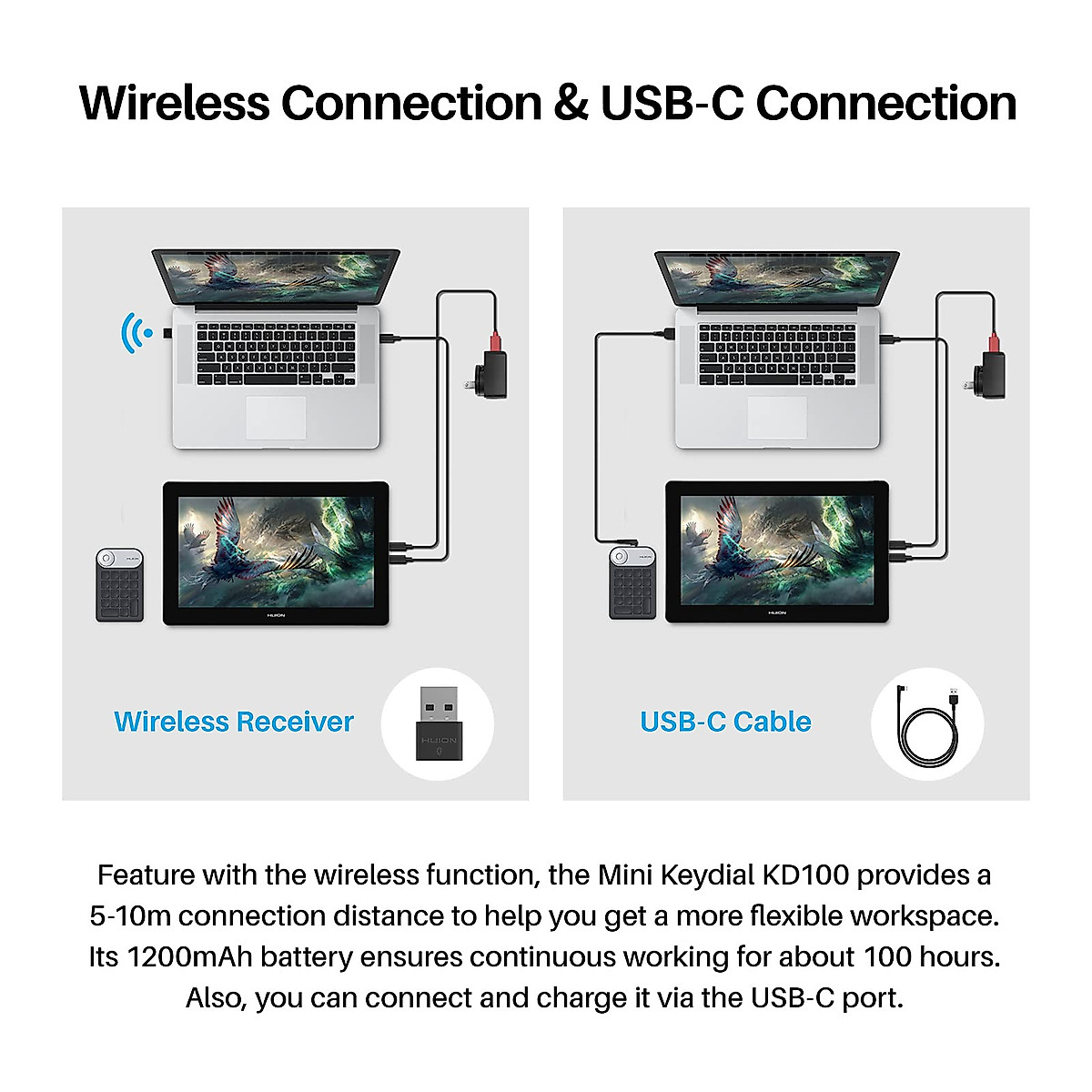 HUION Mini Keydial KD100 Express Keys Remote Keyboard for Pen Display and Drawing Tablet, One-Handed Shortcut Keys Keypad with 18 Customizable Keys & Dial for Animation, Illustration, Video, Design