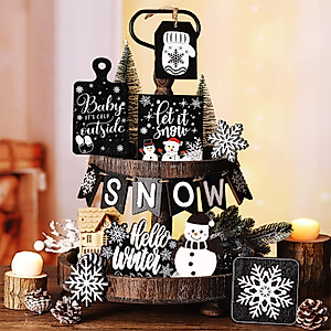BBTO 14 Pcs Winter Tiered Tray Decor Black and White Snowflake Table Wood Decor Hello Winter Wood Blocks Signs for Home Decor(Classic Style)