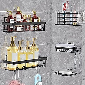 Villsure Shower Caddy, Shower Shelf for Inside with 10 Hooks Adhesive Bathroom Organizer Hanging, No Drilling Stainless Steel Shower Racks Shelves for Kitchen Dorm Apartment, 5 Pack