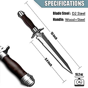 MADSABRE Fixed Blade Hunting Knife Saber with Leather Sheath, 15 Inches Outdoor Survival Tactical Knives, Double Edged Serrated Dagger Wood Handle