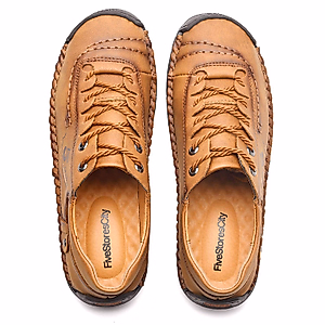 FiveStoresCity Mens Casual Shoes Summer Breathable Sneakers Loafers Walking Shoes Hand Made Lace-Up Leather Dress Flats Shoes for Driving Business Working Office (US 9.5, Brown)