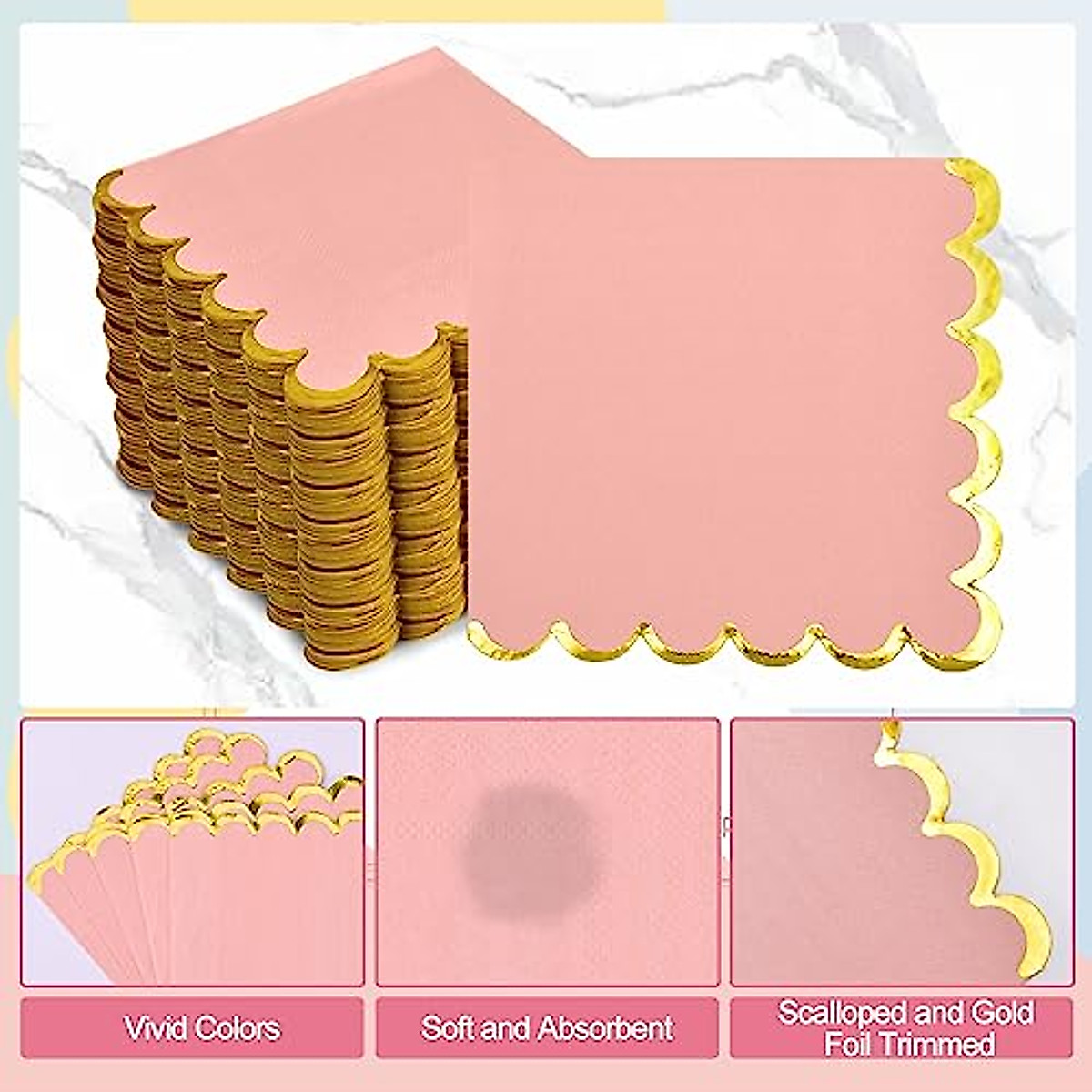 200 Pack Pink Paper Napkins Gold Foil Scalloped Cocktail Napkins Pink Disposable Beverage Napkins for Pink Themed Party Supplies Birthday Baby Shower Wedding Dinnerware Tableware Decorations