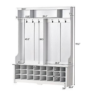 Acosure Modern Style Multiple Functions Hallway Coat Rack with 6 Metal Hooks,Entryway Bench Wide Hall Tree W/Ample Storage Space & 24 Shoe Cubbies,for Apartment Living Room,White,60"