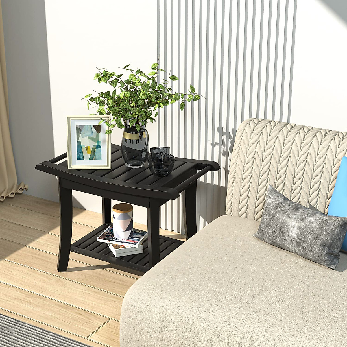 Bamboo Shower Stool Bench Waterproof with Storage Shelf for Shaving Legs or Spa Bath Seat in Bathroom & Inside Shower for Adults Seniors Elderly (24 x 13.4 x 18.5 inches+Black)