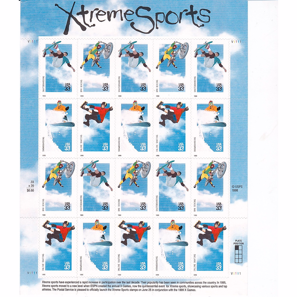 Xtreme Sports Collectible Sheet of Twenty 33 Cent Stamps