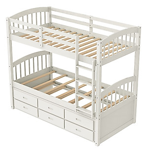 Harper & Bright Designs Twin Over Twin Bunk Bed with Ladder and Storage Drawers, Wood Bunk Bed with Safety Rail and Trundle for Kids Teens Adults, No Box Spring Required (White)