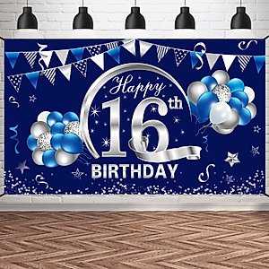Kauayurk Blue Silver 16th Birthday Banner Decorations for Boy - Happy 16 Birthday Backdrop Party Supplies - Sixteen Birthday Poster Photo Props Brackground Sign Decor