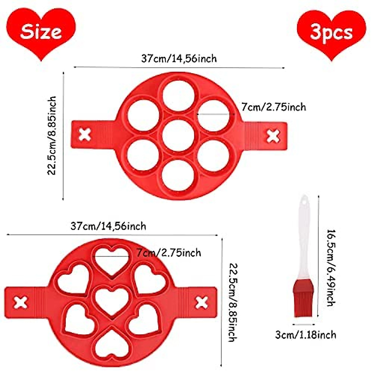 SPCCL Pancake mold maker 2pcs, Silicone pancake molds, Pancake Mold, Non Stick Pancake Maker, RoundHeart pancake mold, 7 Cavity, with 1 Silicone Brush, for MuffinPancakeEggs