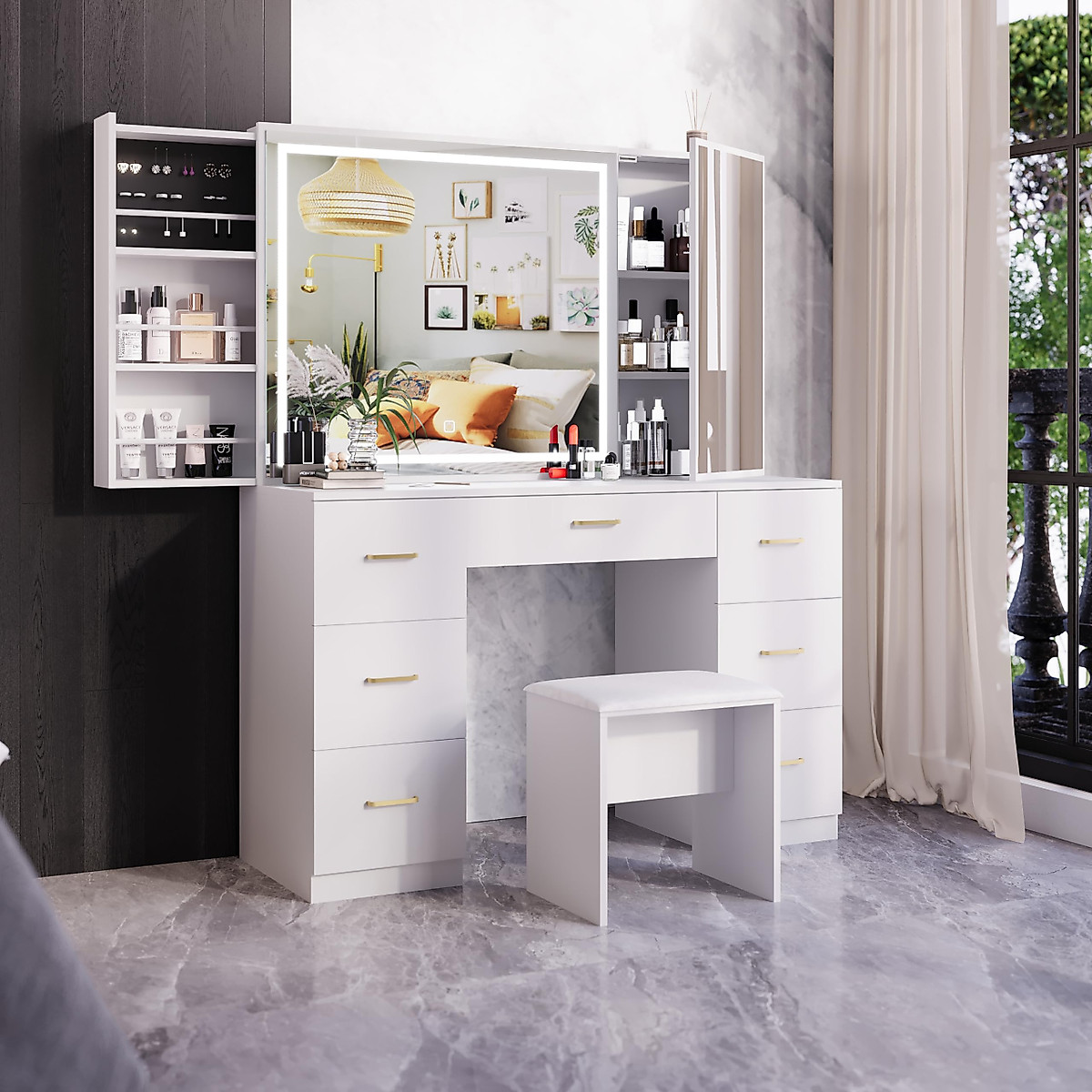 GLAUBIO Vanity Desk Set with Large LED Lighted Mirror, Brightness Adjustable,Vanity Table with Drawer,Sliding 1 Storage Wall-Mounted Jewelry,2 Shelves for Bedroom,Lots Storage Shelves, White