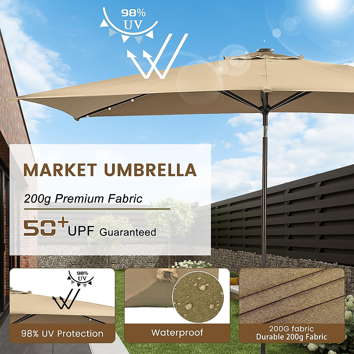 MONDAWE Outdoor Solar LED Patio Umbrella 10 x 6.5 FT Rectangular Market Umbrella with Lights， Tilt and Crank Aluminum Commercial Table Umbrella for Pool Backyard Balcony