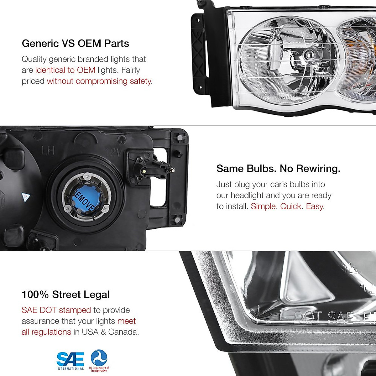 VIPMOTOZ Chrome Housing OE-Style Headlight Headlamp Assembly For 2002-2005 Compatible with Dodge RAM 1500 2500 3500 Pickup Truck, Driver & Passenger Side