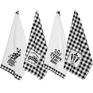 Whaline Easter Kitchen Towel Black White Dish Towel Happy Easter Plaid Dishcloth Large Tea Towel Decorative Spring Cloth Towel for Easter Home Kitchen Coking Baking, 4 Designs, 28 x 18