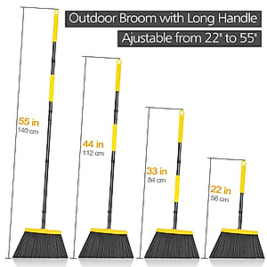 JEHONN Outdoor Broom Heavy Duty with 55 inches Long Handle, Household Collapsible Angle Brush for Sweeping Indoor Kitchen Patio Shop Outside Garage Lobby Garden Deck Hardwood Floors (Yellow)