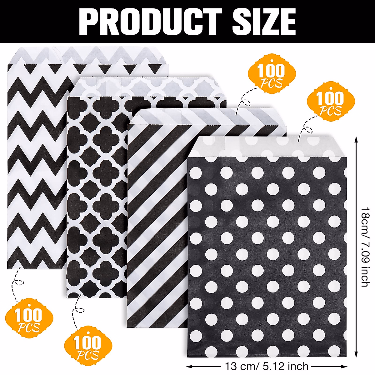 400 Pcs 5 x 7 Inch Paper Treat Bag Black and White Candy Bags Disposable Flat Paper Small Cookie Buffet Snack Packaging for Baked Goods Wedding Food Sandwich