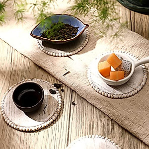 4 Pieces Wood Beaded Coasters 3.9 Inch Round Rustic Farmhouse Coasters Wooden Coasters for Drinks Decorative Table Top Coasters Wood Bar Coaster Set for Housewarming Home Kitchen (Beige)