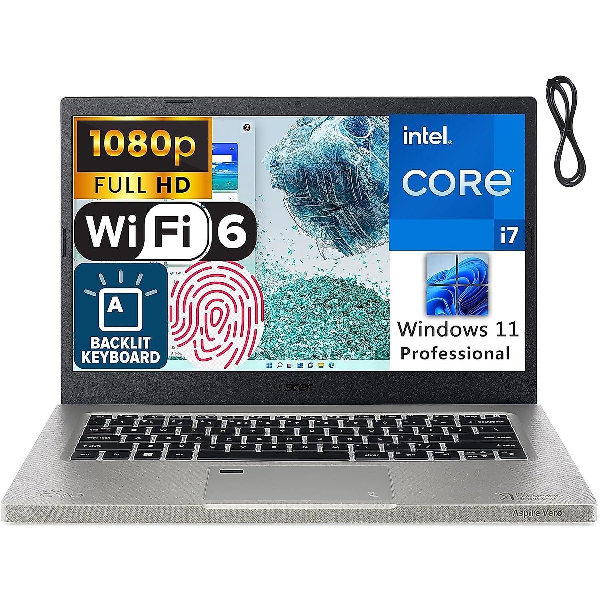 acer 2023 Aspire Vero AV14 14" FHD Business Laptop Computer, 12th Gen Intel 10-Core i7-1255U, 16GB DDR4 RAM, 1TB PCIe SSD, WiFi 6, Backlight KB, Fingerprint Reader, Windows 11 Pro, BROAG Cable