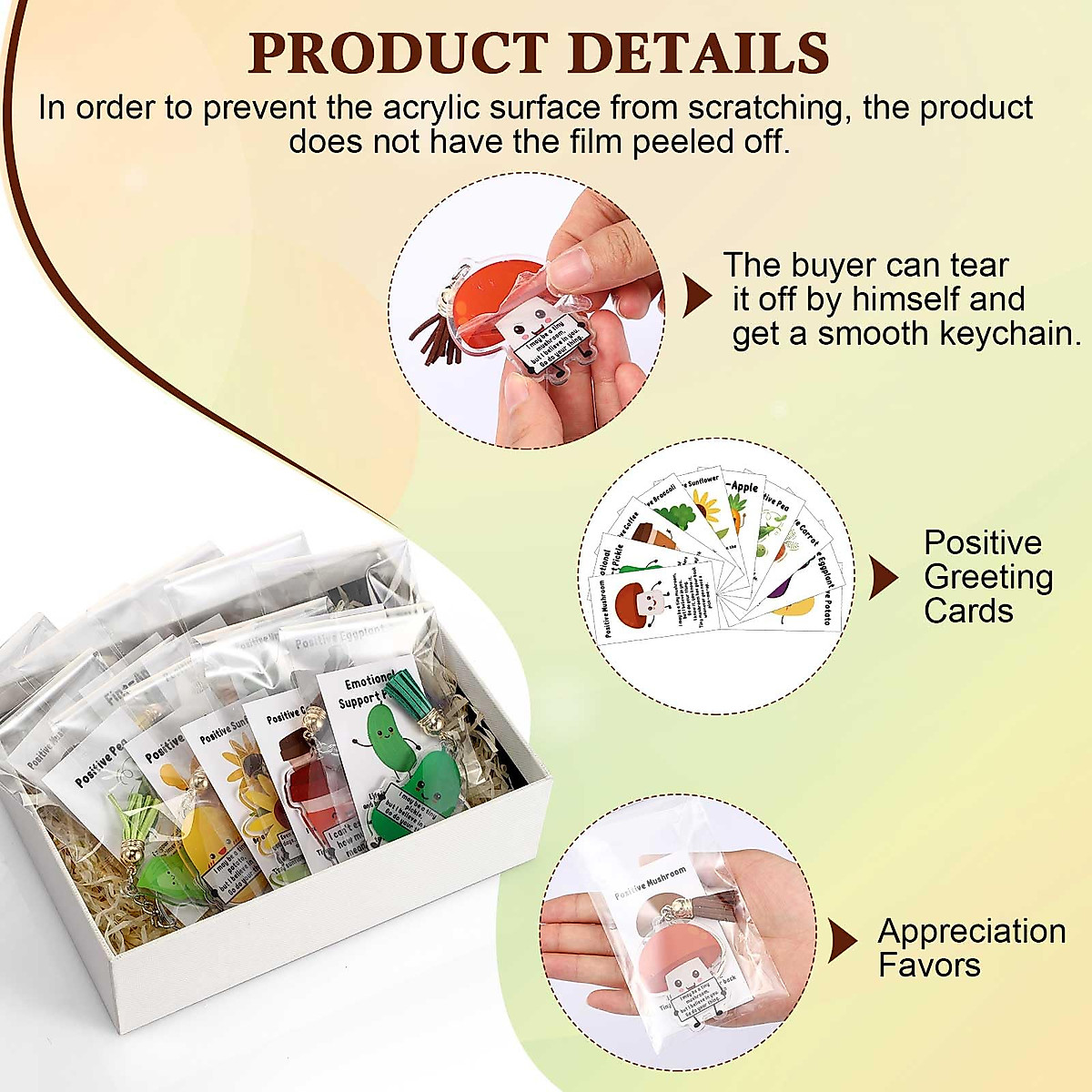 Siifert 20 Sets Emotional Support Keychain Bulk with Tassels Employee Appreciation Gift Acrylic Potato Pickle Mushroom Christmas Gift