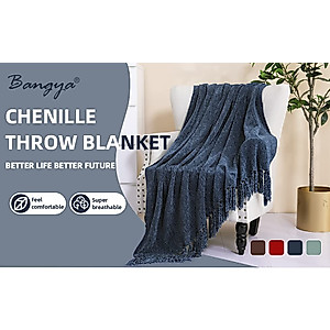 Bangya Navy Chenille Throw Blanket Soft Cozy Woven Fringe Tassel Throw for Sofa Couch Bed Living Room (Navy,50" X 60")