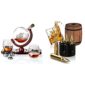 Whiskey Stone Gifts + Whiskey Decanter Globe Set with Ball Stones & Glasses, Gifts for Dad Men Husband, Christmas Stocking Stuffers, Anniversary Birthday Gifts