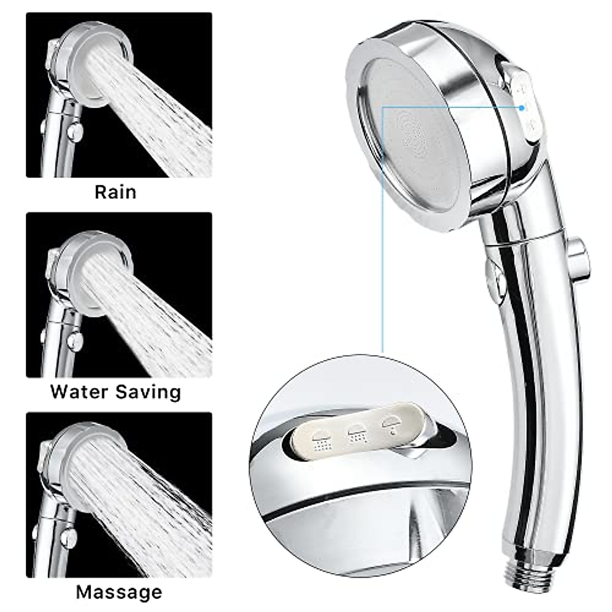Elesunory Hand Shower, Rv Shower Head include 59 Inch Hose and Bracket, Removable Shower Head with 3 Settings Water Saving High Pressure Handheld Spray Head, Silver