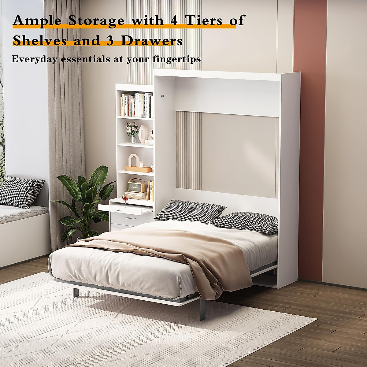 Tatub Murphy Bed Full Size, Murphy Bed Cabinet Bed, Wall Bed with Shelves and Drawers, Murphy Cube, Hide a Bed on a Cabinet, Space Saving, No Box Spring Required