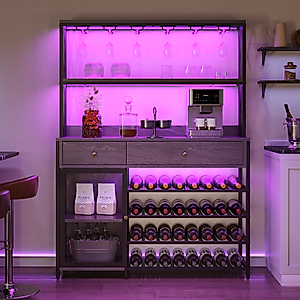 DWVO 47" Large Wine Rack Cabinet for Liquor & Glasses, Coffee Bar with LED Lights Door Shelves & Drawers, Modern Standing Bakers Rack Microwave Stand Kitchen Storage Shelf, Grey & Black