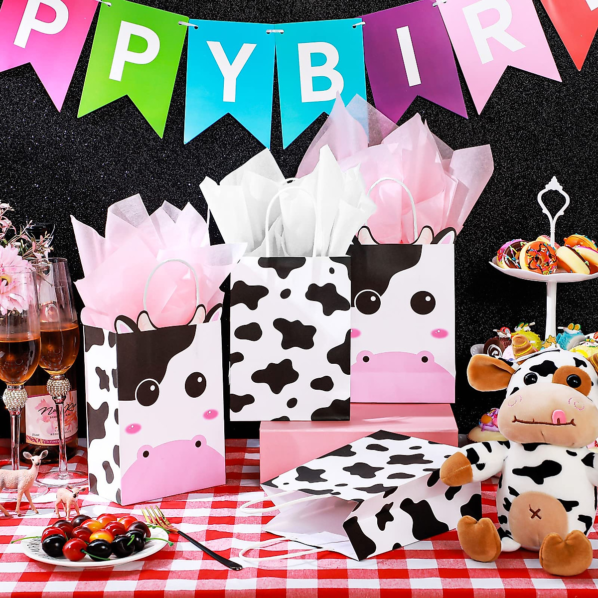 Nezyo 16 Set Cow Party Favors Bag with Tissue Paper and Stickers, Cow Print Gifts Bags with Handles, Farm Themed Goodie Treat Candy Kraft Paper Bags for Kids Cow Farm Animals Birthday Party Supplies