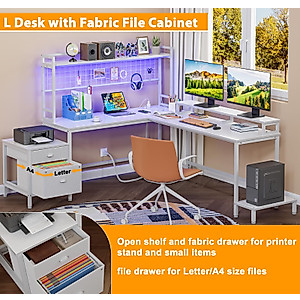 Furologee White L Shaped Gaming Desk with LED Strips and Power Outlets, 64" Reversible L Computer Office Desk with Pegboard and Fabric File Drawer, Coner Desk with Monitor Stand and Hutch