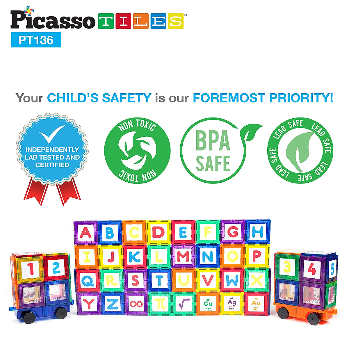 PicassoTiles 136 Piece S.T.E.A.M. Building Block Set with 66 Magnetized Clip-in Insert Cards Toy Construction Kit PT136 Magnet Building Tiles Clear Color Magnetic 3D Educational Blocks Click-in Card
