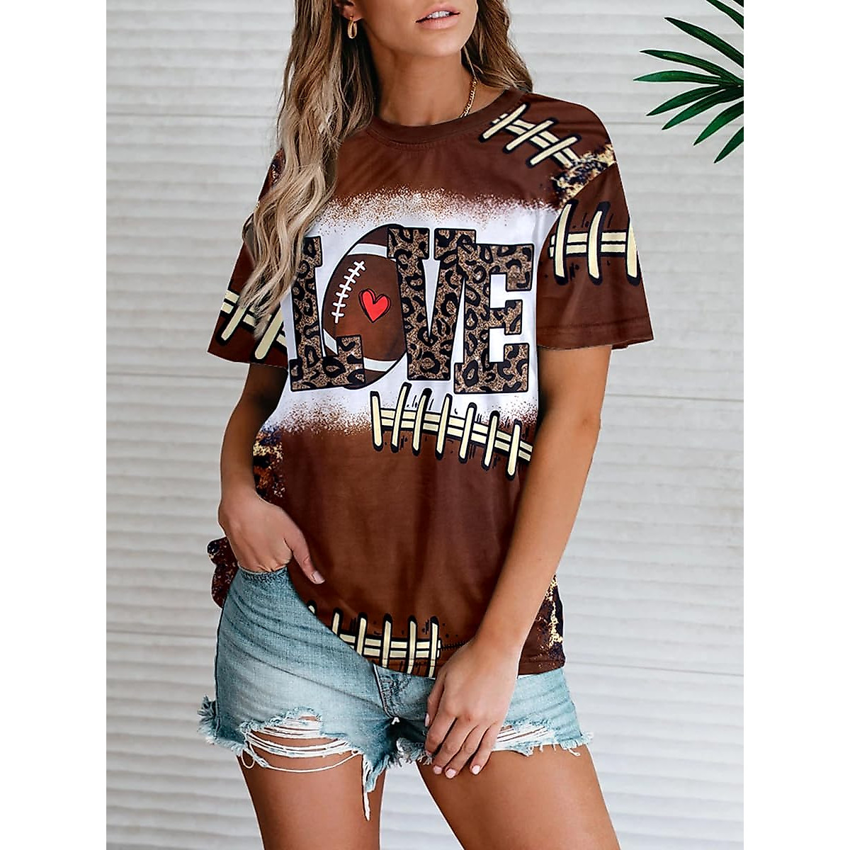 Women Football Shirt Game Day Shirt Love Football Print Tee Football Season T-Shirt Vintage Bleached Short Sleeve Top Bronze