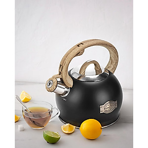 Hauce Radio Tea Kettle Stovetop, Black Tea Kettles-2.1 Quart Loud Whistle Stovetop Teapot,Food Grade Stainless Steel with Wood Pattern Handle, Unique Button Control Kettle Outlet for Tea, Coffee