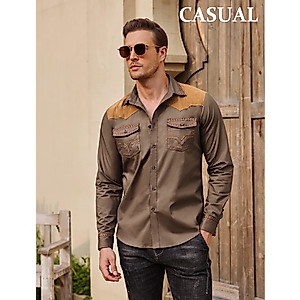 COOFANDY Mens Shirt Western Cowboy Embroidered Long Sleeve Slim Fit Casual Cotton Button Down Hippie with Pockets, Khaki, X-Large, Long Sleeve